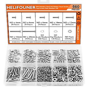 HELIFOUNER 560 Pieces M3 x 4mm /6mm /8mm /10mm /12mm /16mm /20mm, Button Head Socket Cap Screws Bolts Washers Nuts Kit, 304 Stainless Steel