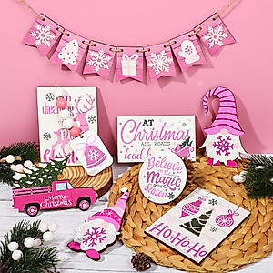 VIDELLY Christmas Tiered Tray Decor Set, 15 Pieces Wood Rustic Farmhouse Table Decor Pink Gnome Elk Snowflakes Bell Christmas Decorations