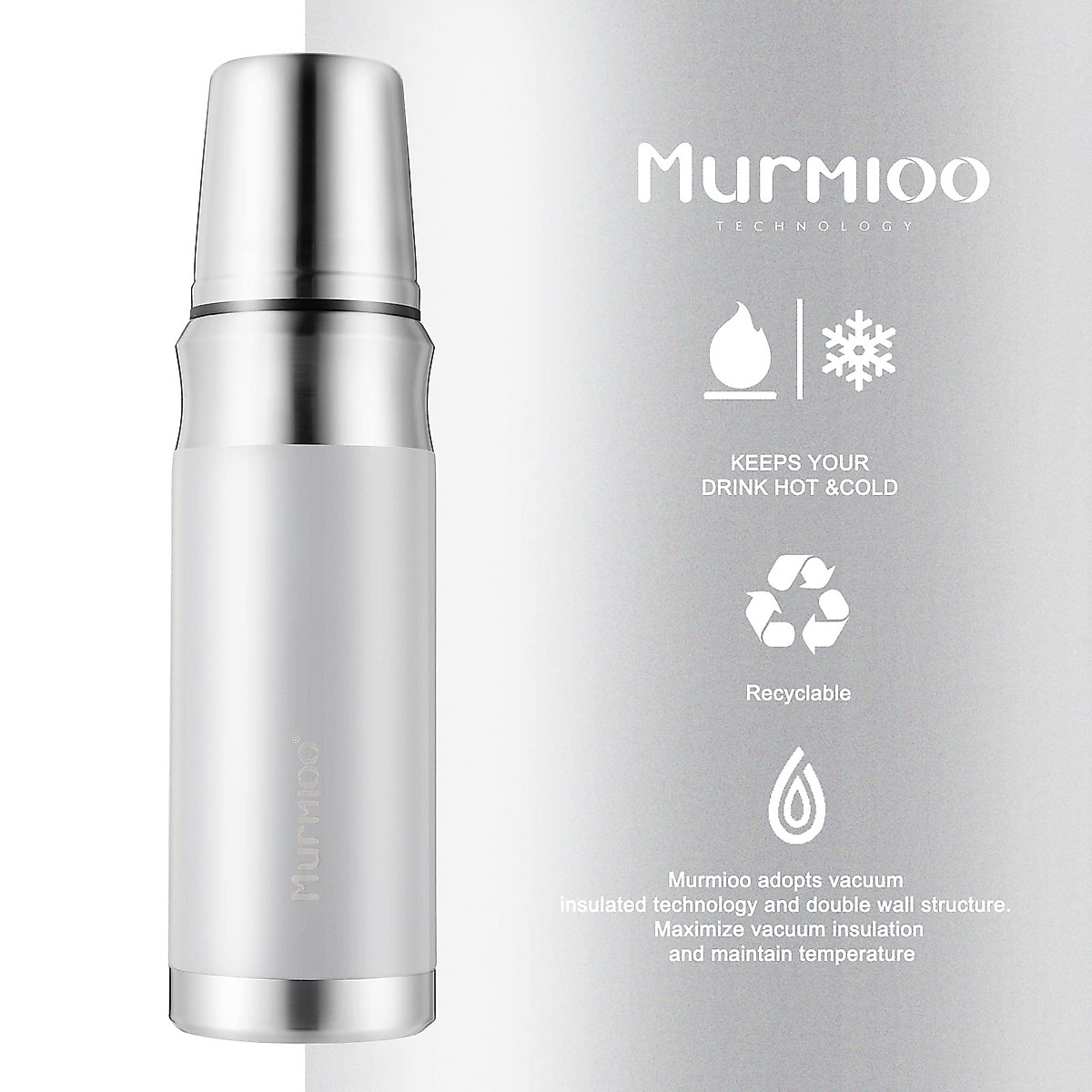 Murmioo travel vacuum flask，stainless steel insulated bottle, built-in cap cup, cold for 24 hours, heat for 12 hours, BPA Free leak proof, sweat free 17oz/500ml Gray