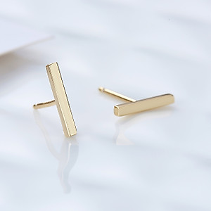 S.Leaf Sterling Silver Stud Earrings for Women Gold Plated Tiny Dot I Bar Earrings Dainty Simple Earrings for Women (14k Gold) (Square_Bar_Gold)
