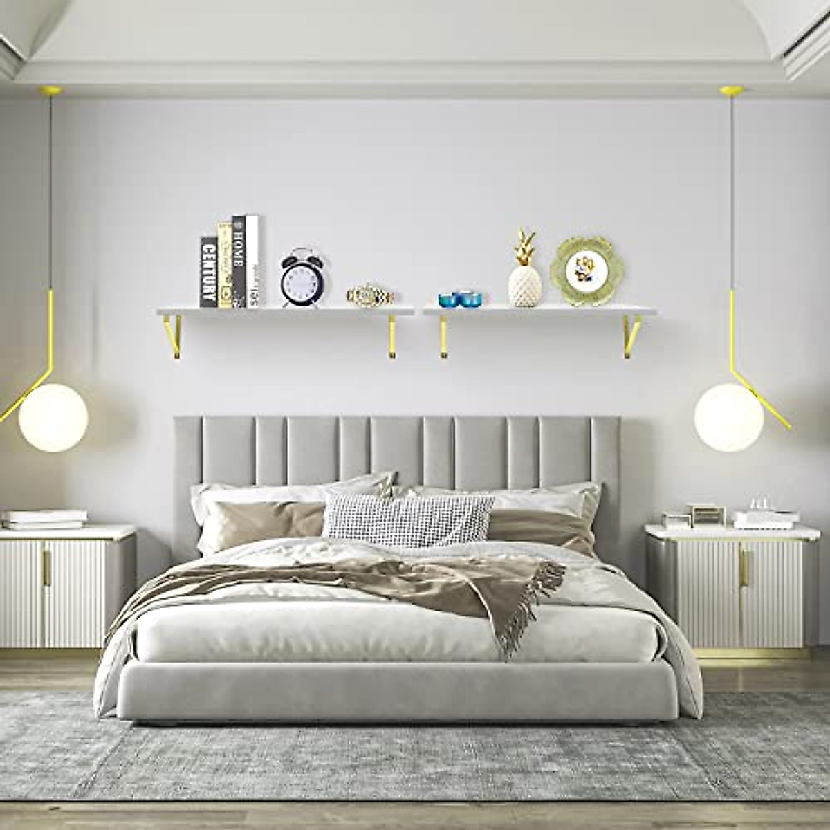 Gold Shelves Pine Wood Large 31.5 x7.87 Inch White Gold Floating Shelves with Elegant Lines,Long White Gold Shelf,Deep Wall Shelf,Gold Bookshelf,White Floating Bookshelf for Wall Decor Set of 2.