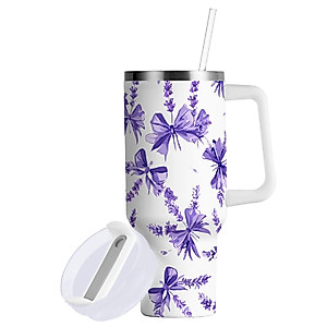 FENOCHE Lavender Flower Bow Tie 40 oz Tumbler Insulated Cups Stainless Steel Water Bottle with Handle Lid and Straw Tumblers for Car Cup Holder