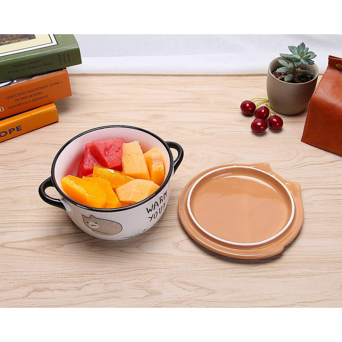 VanEnjoy Big Capacity 24oz 3D Cute Cartoon Microwave Ceramic Soup Cat Bowl Instant Noodle Bowl Cereal Bowl for Salad Fruit Vegetable with Ceramic Kitty Cat Lid and Handles (coffee)