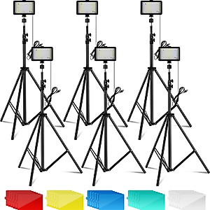 6 Pack LED Video Light Kit with Adjustable Tripod Stand and Color Filters Dimmable Portable Photography Lighting LED Studio Streaming Lights for Tablet Low Angle Shooting, Portrait Photography