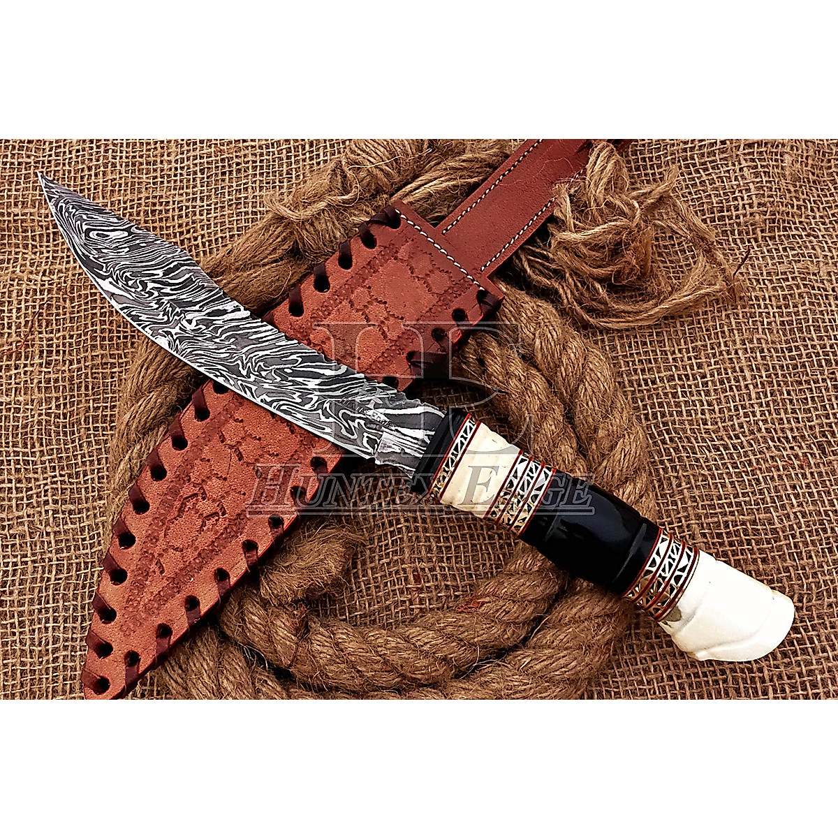 HUNTEX Unique Custom Handmade Hand-Forged Ladder Pattern Damascus Steel 12 Inch Long Full Tang Buffalo Horn Handle Razor Sharp Hunting Camping Spay Point Slicer Knife with Genuine Leather Sheath