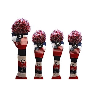 USA Majek Golf Driver 1 3 5 X Fairway Woods Headcovers Pom Pom Knit Limited Edition Vintage Classic Traditional Flag Stars Red White Blue Stripes Retro Head Cover Fits 460cc Drivers and 260cc Woods