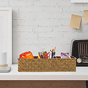 DOITOOL Sea Grass Basket Handwoven Water Hyacinth Storage Baskets 3- Section Wicker Cube Baskets Rectangular Sundries Organizer Caddy for Home Office