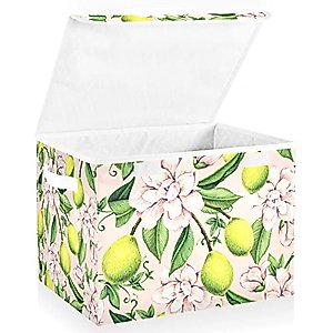 RunningBear Flower Green Leaf Lemon Large Storage Bins with Lid Collapsible Storage Bin Storage Organizer Bin Decorative Storage Baskets for Shelves Closet Bookshelf