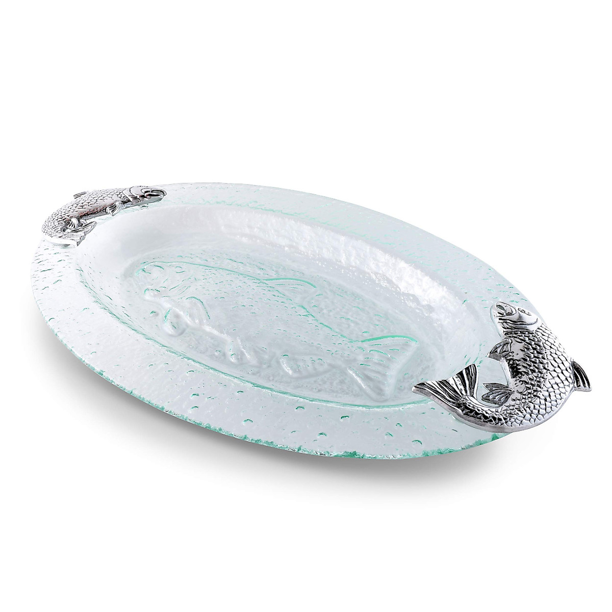 Arthur Court Designs Aluminum Salmon Fish Bagel Lox Glass Platter 20 inch x 11.5 inch