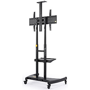 Displays2go Commercial Flat Screen TV Holder, Locking Wheels, Media Shelf, Aluminum Construction – Black (EM6580BK)