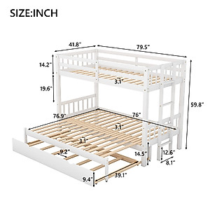 BOVZA Twin Over Twin/King Pull-Out Bunk Bed with Trundle, Extendable Bunk Beds for Kids, Teens, Adults, White