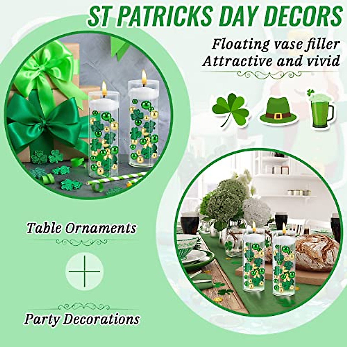 2106 Pieces St. Patrick's Day Vase Filler Shamrocks Ornament for Vase Filler Floating Candles for Vases Floating Candles Centerpiece for St. Patrick's Day Festival Party Table Home Decor