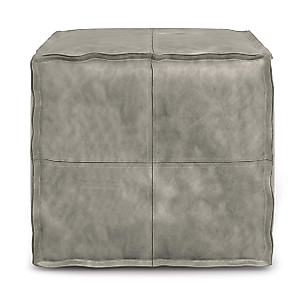 SIMPLIHOME Brody Square Pouf, Footstool, Upholstered in Distressed Grey Faux Leather, for the Living Room, Bedroom and Kids Room, Transitional, Boho