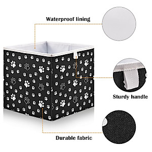 Ruhho White-paw-print-black Foldable Storage Cubes Baskets with Handles, Fabric Storage Bins, Clothes Toys Storage Box for Nursery Closet Shelves Organizer