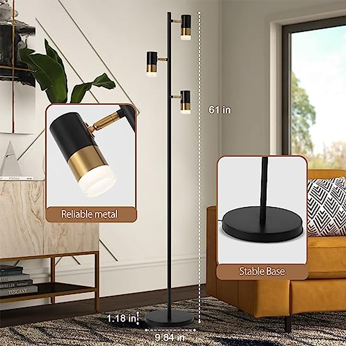 ADISUN LED Tree Floor Lamp for Living Room,Bedroom Black Standing Floor Lamp for Office,Bedroom,Dimmable Tall Lamp for Reading with 3 Adjustable Heads,Remote Control
