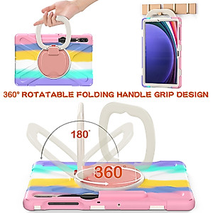 360 Rotation Case for Samsung Galaxy Tab S9+ 12.4'' 2023/S8+ /S7+/S7 FE，with Shoulder Strap S Pen Holder Rotatable Kickstand/Handle Rugged Silicone Case(Colorful Pink)