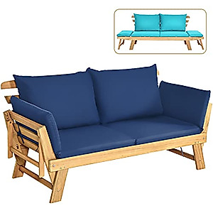 Tangkula Acacia Wood Patio Convertible Couch Sofa Bed with Adjustable Armrest, Outdoor Daybed with Cushion & Pillow, Turquoise & Navy Cushion Cover Sets, Folding Chaise Lounge Bench Ideal for Porch