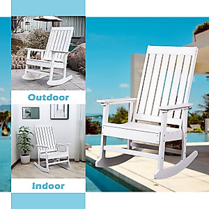 LAZZO Patio Rocking Chair, Large Recycled Plastic Rocker Chair, 1 Person Indoor & Outdoor Porch Rocking Chair for, Garden, Yard, Living Room, Entryway (White)