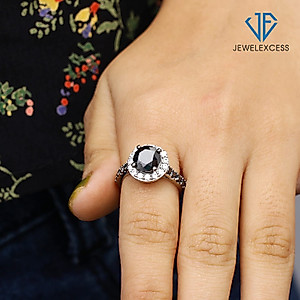 JEWELEXCESS Diamond Halo Rings – 2.00CTW Black & White Diamond Halo Ring, Sterling Silver Ring Band – Black Ring Diamond Rings for Women – Birthday Gifts