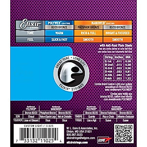 Elixir Strings, Acoustic Guitar Strings, 80/20 Bronze with POLYWEB Coating, Longest-Lasting Warm Tone with Comfortable Feel, 6 String Set, Custom Light 11-52
