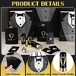 Set of 6 Groomsmen Gifts, 6 Pcs 8oz Stainless Steel Tuxedo Flask 6 Pcs Groomsmen Gauge Glasses with 6 Pcs Poker Bottle Cap Opener 6 Pcs 7.5 x 3.5 Inch Groomsmen Gift Bags for Wedding Bachelor Party