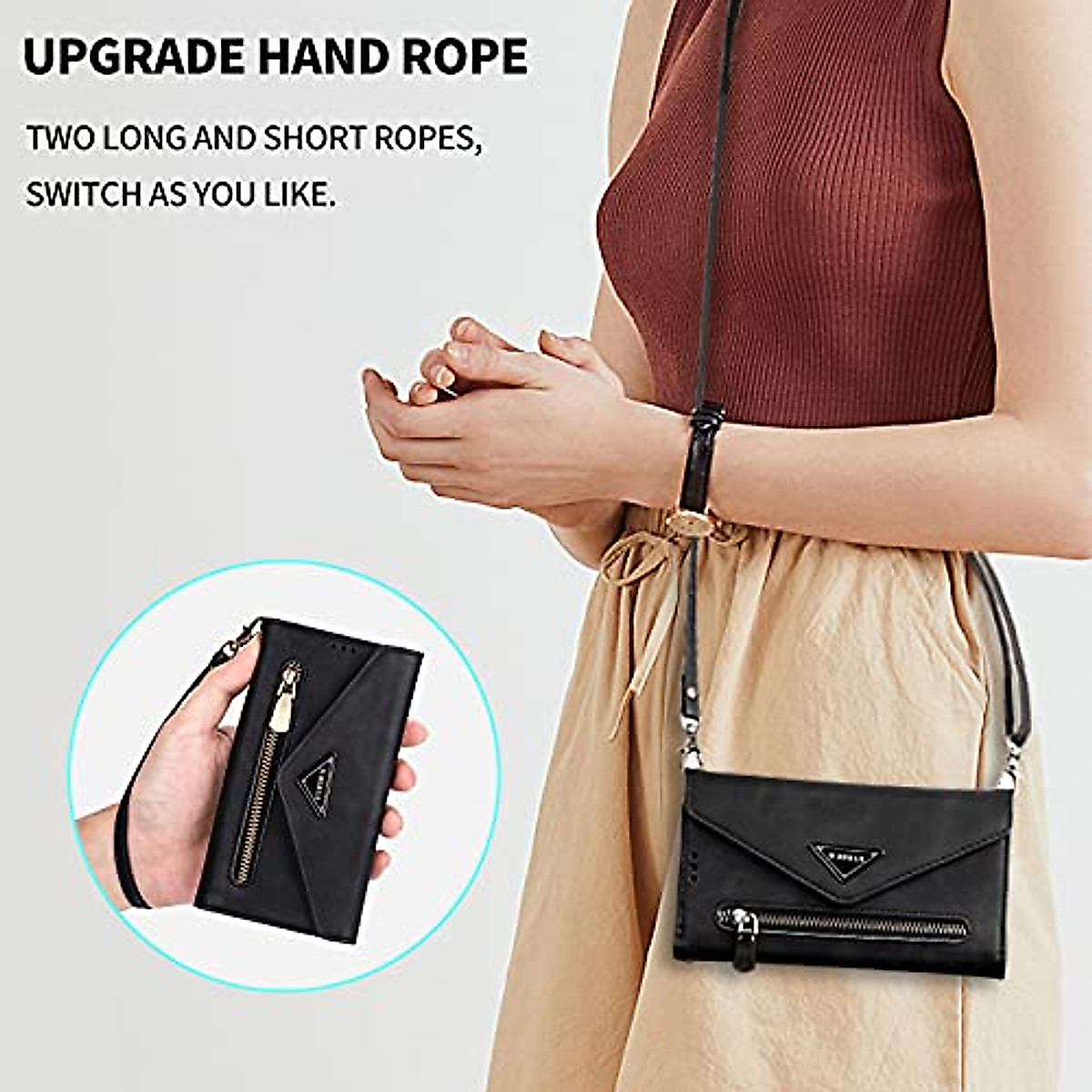 Crossbody Case for iPhone 13 Pro Max Phone Case Wallet Purse with Lanyard Strap Credit Card Holder 6.7'', PU Leather Protective Handbag Zipper Women Girl (Black)