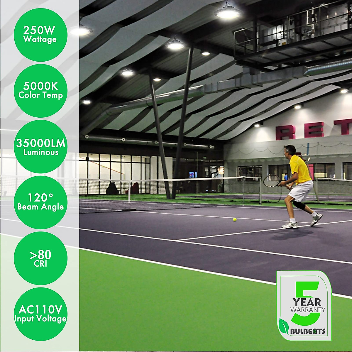 bulbeats 250W LED High Bay Light 35000lm (Eqv.1000W MH/HPS) High Bay LED Light, 5000K UFO High Bay Lights Suit for 30-40FT Warehouse,Energy Saving Upto 1840KW*4/Y(5Hrs/Day)- 4Pack