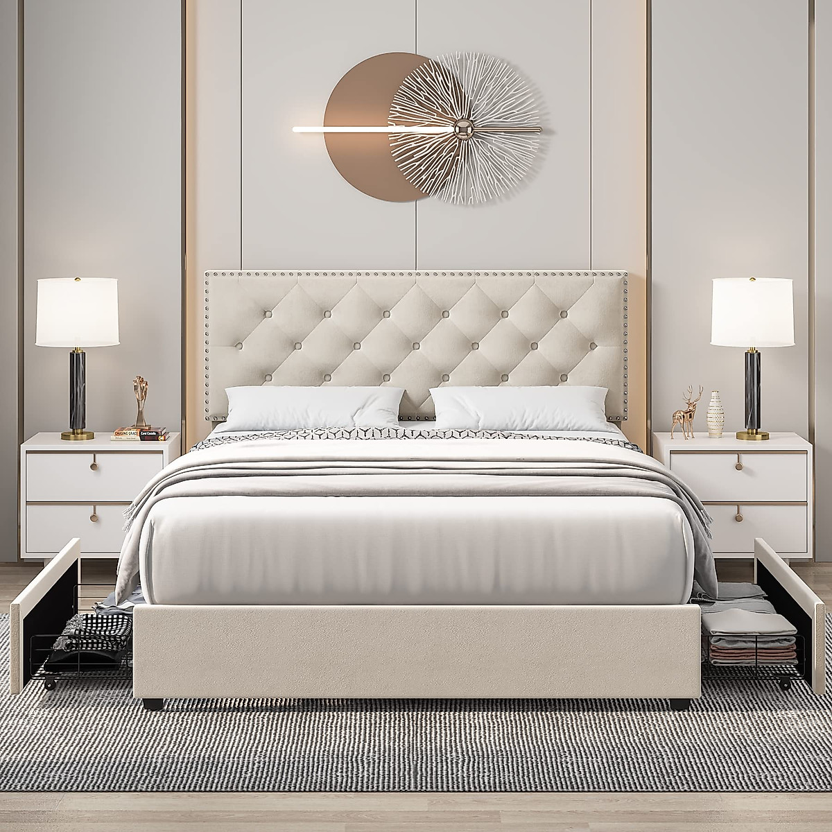 HOSTACK Queen Size Bed Frame with 4 Storage Drawers, Modern Upholstered Platform Bed with Adjustable Headboard,Button Tufted Bed Frame with Wood Slat Support,No Box Spring Needed(Beige)