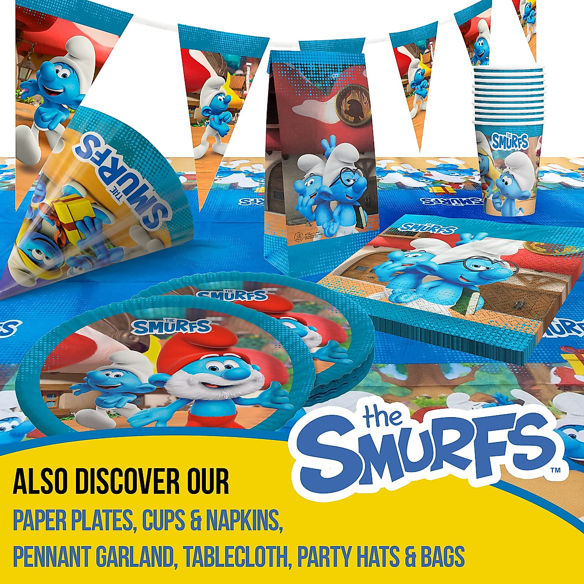 Party Factory `Smurfs' balloon garland of 60 white, blue and yellow latex balloons, 9.8 and 4.7 inch, 157.4 inch balloon ribbon included