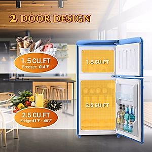 OOTDAY Retro Mini Refrigerator, 4 Cu. Ft. Small Fridge with Freezer, 2-Door Retro Compact Refrigerator with Adjustable Thermostat,Removable Shelves for Bedroom,Kitchen,Office,Dorm(Blue)