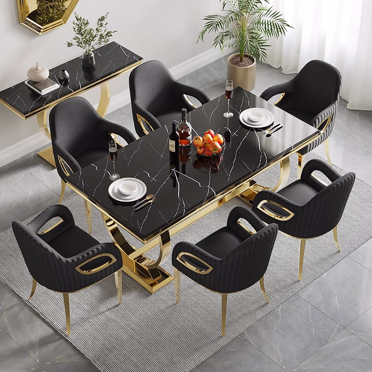 ACEDÉCOR Modern Dining Room Table with Gold Stainless Steel Metal U-Base in Black Gold
