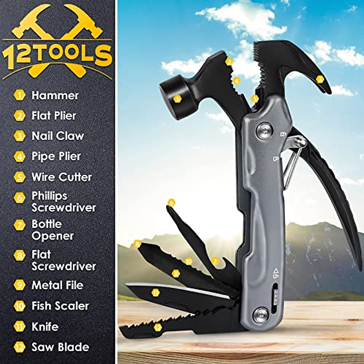 12 in 1 Christmas Stocking Stuffers Hammer Multi Tool and Magnetic Pickup Tool Men Gifts