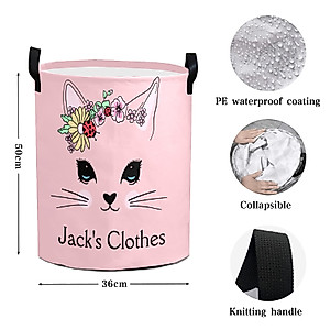 Cute Cat Personalized Freestanding Laundry Hamper, Custom Waterproof Collapsible Drawstring Basket Storage Bins with Handle for Clothes