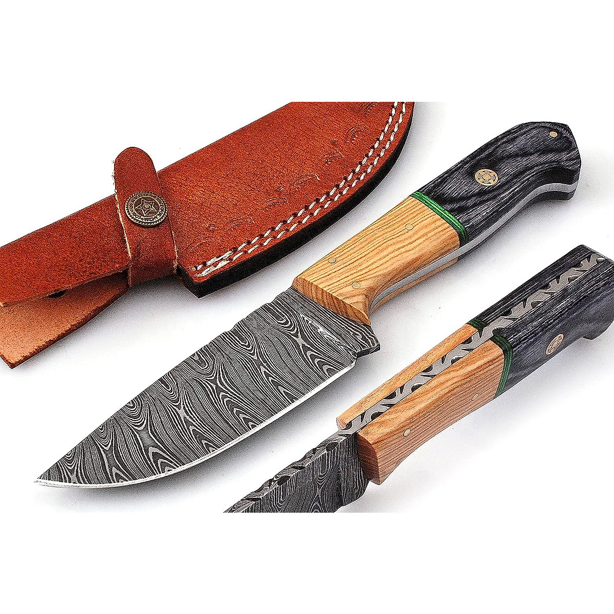Damascus Knives Custom Handmade Damascus Hunting Knife- Best Damascus Steel Blade Hunting Skinning Knife- Fixed Blade Hunting Knife With Sheath Belt Loop (Black&olive) 20101