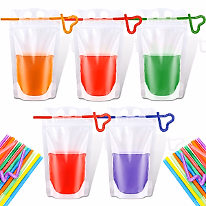 300 Pieces Drink Pouches Adult with Straws Set, Heavy Duty Hand Held Translucent Reclosable Plastic Smoothie Bags Disposable Wine Juice Pouches for Cold Hot Drinks, 400 - 500 ml