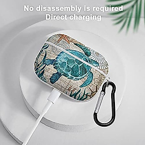 YouTary Blue Sea Turtle Nautical Map Pattern Apple Airpods pro Case Cover with Keychain, AirPod Headphone Cover Unisex Shockproof Protective Wireless Charging Headset Accessories
