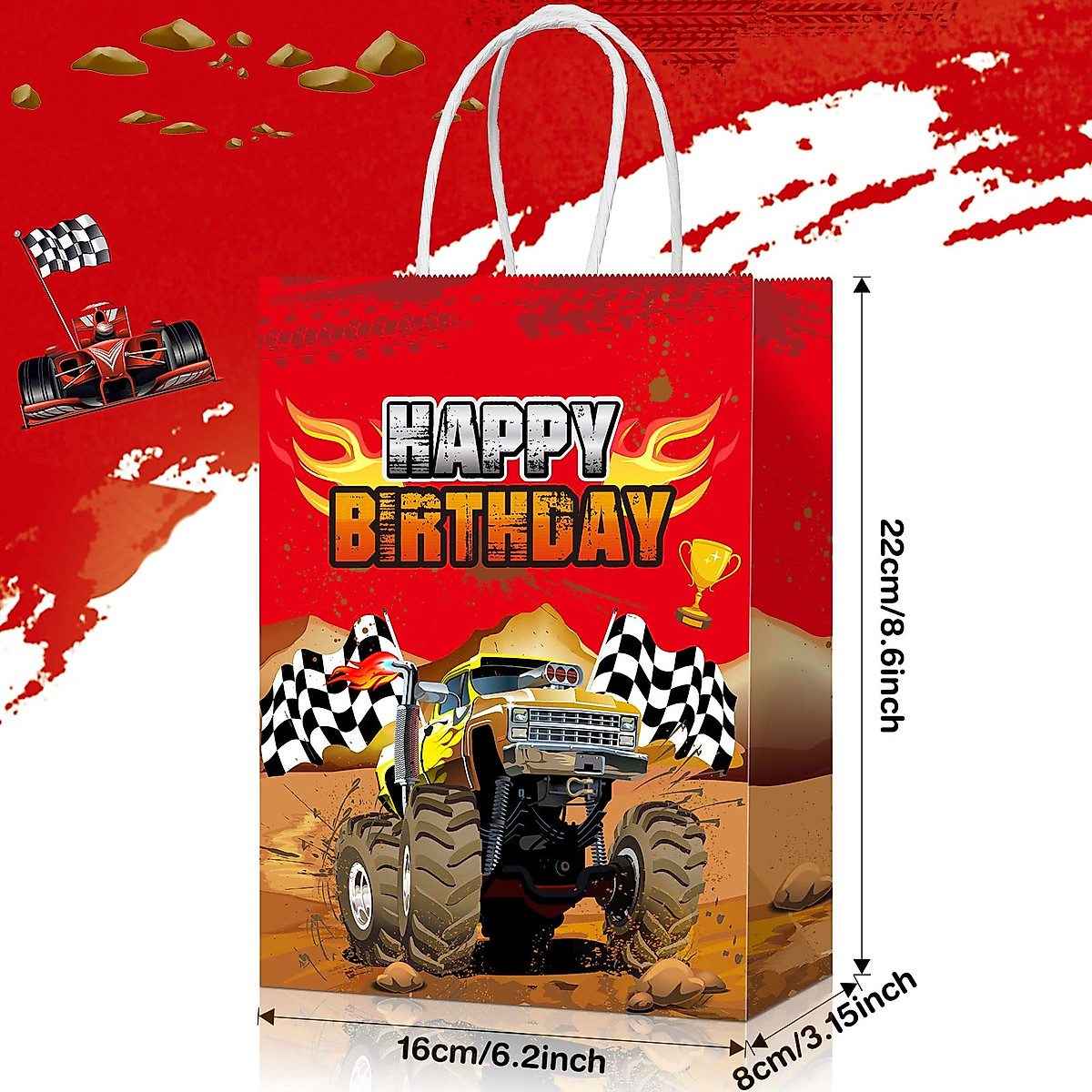 Pajean 28 Pcs Monsters Truck Party Favor Bags Themed Paper Gift Bags Racing Trucks Goody Treat Candy Bags for Monsters Truck Themed Birthday Party Supplies(16 Pcs, Simple)