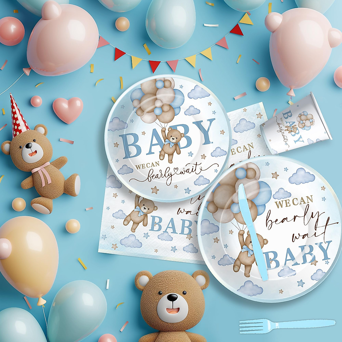 Suhelkit Bear Baby Shower Decorations Tableware - We Can Bearly Wait Baby Shower Decorations Boy, Paper Plate, Napkin, Cup, Cutlery, Tablecloth, Blue Teddy Bear Baby Shower Party Supplies | 24 Guests