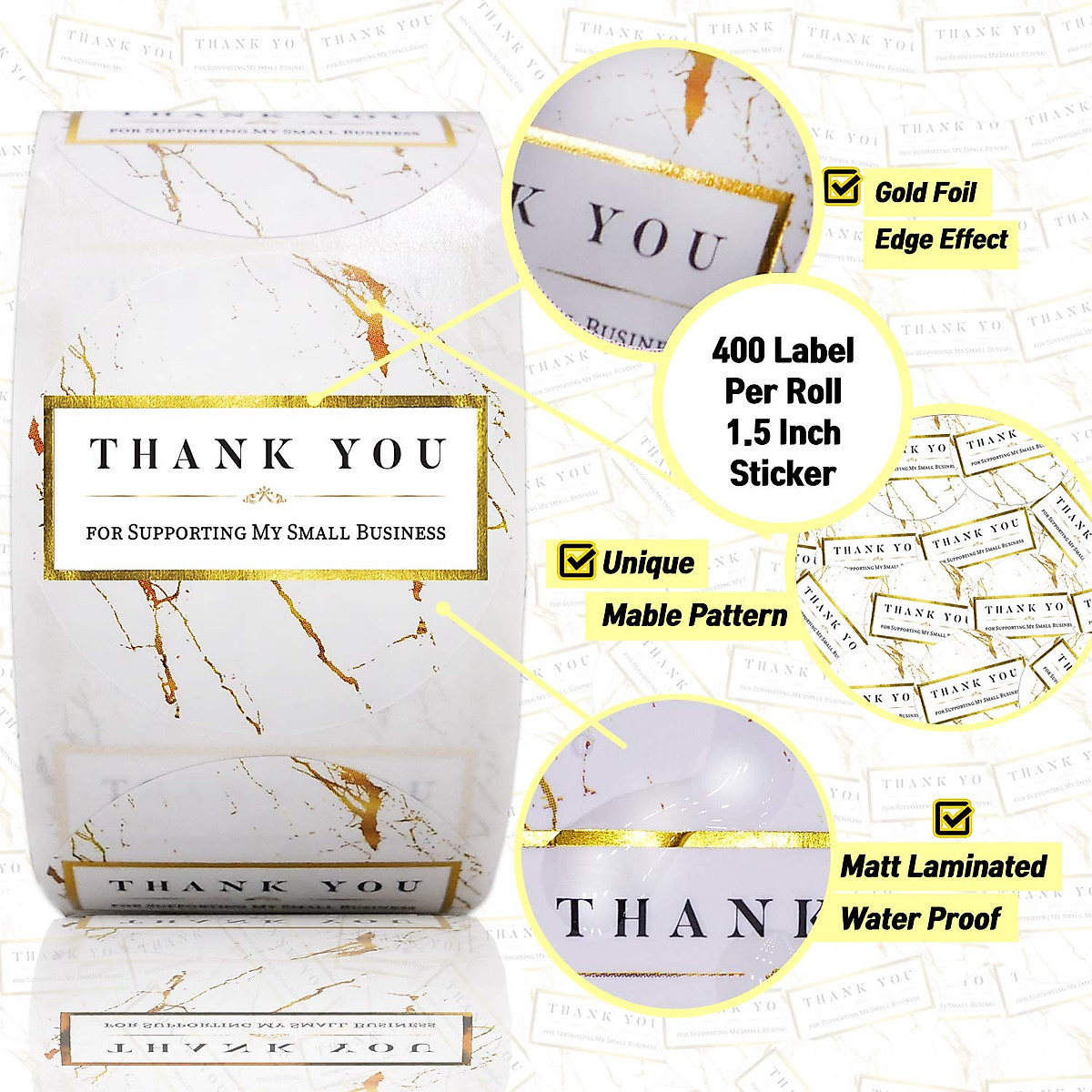Thank You Stickers Small Business – Thank You for Supporting My Small Business Stickers – Gold Marble Design with Gold Foil Accents – 1.5" 400 Label Per Roll - Waterproof Stickers by Modern 5th