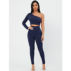 WDIRARA Women's 2 Piece Outfit One Shoulder Lettuce Trim Crop Top and Leggings Set Navy Blue M