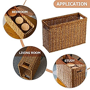 Zerodeko Imitation Rattan Hand Woven Magazine Basket, with Handles, Plastic Storage Basket Magazine Wicker Basket Hollow Handle Basket Desktop Magazine Holder