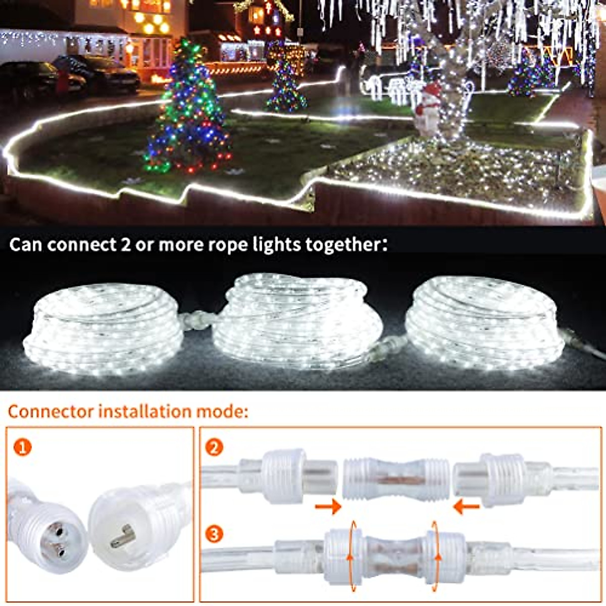 YQNLIFA Dimmable 80ft LED Rope Lights, 864 LEDs IP65 Waterproof Outdoor Indoor Linkable Cuttable Rope Light, 110V 6000K Daylight White Rope Light for Patio Garden Corridor Home Party Décor
