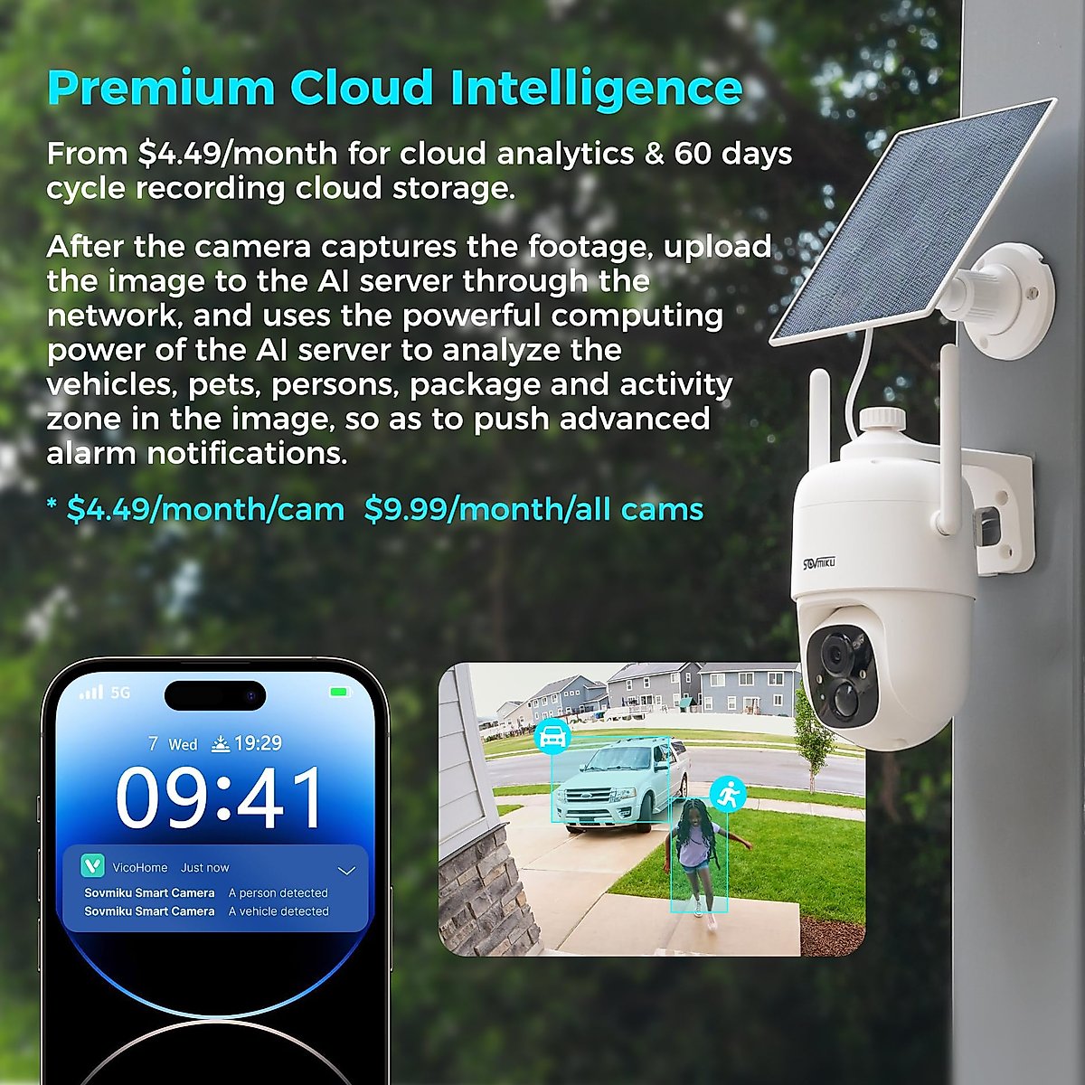 Sovmiku CQ1 AI 2K Solar Security Camera Wireless Outdoor, Battery Powered Cam, Two-Way Audio,PIR Motion Detection, Easy to Setup, Pan/Tilt 360° View,Color Night Vision,Audible Flashlight Siren,SD Slot