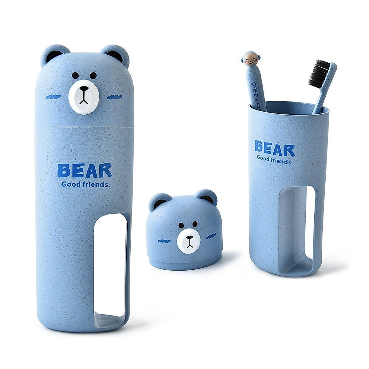 Fantasee Travel Toothbrush Cup 2 Toothbrush Included Portable Business Trips Wash Cup Holder Travel Toothpaste Holder Organizer Eco-Friendly Material Wheat Straw Fiber Blue Color