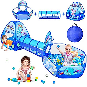 PigPigPen 3 in 1 Kids Play Tent with Play Tunnel, Ball Pit, Basketball Hoop for Boys & Girls, Toddler Pop Up Playhouse Toy for Baby Indoor/Outdoor, Gift for Year Old Child (3 in 1 Kids Play Tent)