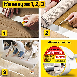 Double Sided Carpet Tape - Rug Grippers Tape for Area Rugs and Hardwood Floors Safe - Carpet Binding Tape Removable, Residue Free, Strong Adhesive and Heavy Duty Stickers Tape, 2 Inch / 12 Yards