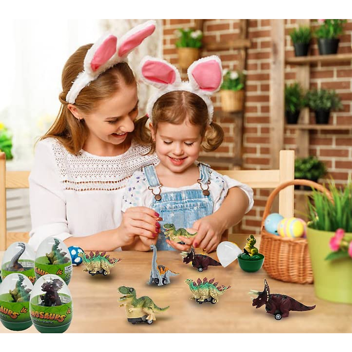 Easter Egg Prefilled with Dinosaur Pull Back Cars Toys, 4 Pcs Jumbo T-Rex Triceratops Dino for Basket Stuffers, Party Favors, Gift Kids Toddlers Boys Girls