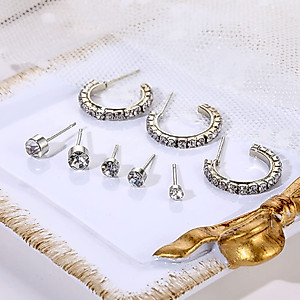 Xerling Rhinestone Stud Earrings Set for Women Multiple Piercings Small Huggie Hoop Silver Earrings Dainty Open Earrings Ear Cuff 8 Pairs