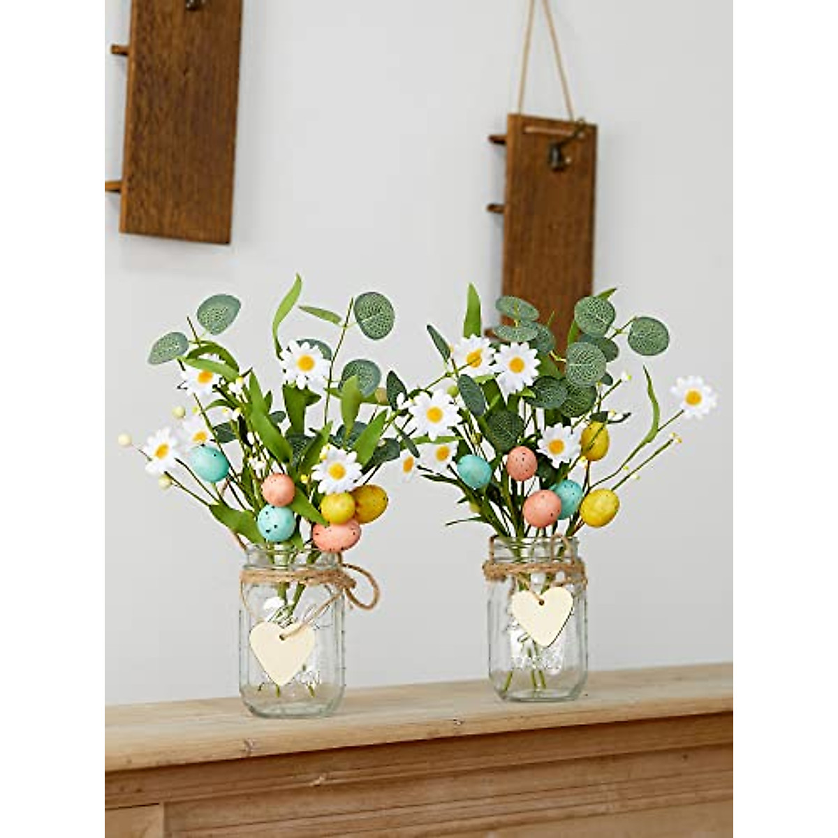 2 PACK Easter Decorations, Party Joy Easter Decor Mason Jar Sconces Rustic Wall Decor for Living Room Bathroom with Remote Control LED Fairy Lights and Artificial Flowers Spring Decorations for Home