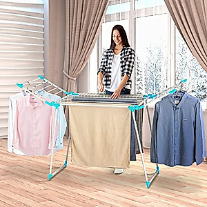 YUBELLES Clothes Drying Rack, Gullwing Laundry Rack, Collapsible, Space-Saving Laundry Rack, with Bonus Sock Clips, for Clothes, Towels, Linens, Indoor/Outdoor, Cyan